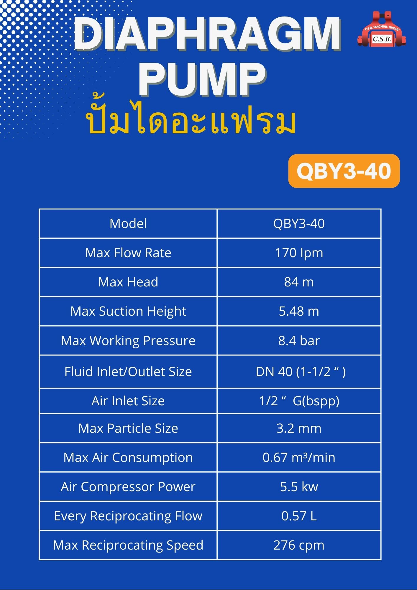 ปั๊มไดอะแฟรม Diaphragm Pump QBY3-40LTFF - C.S.B. MACHINE GROUP จำหน่ายเครื่องมือ-เครื่องจักร